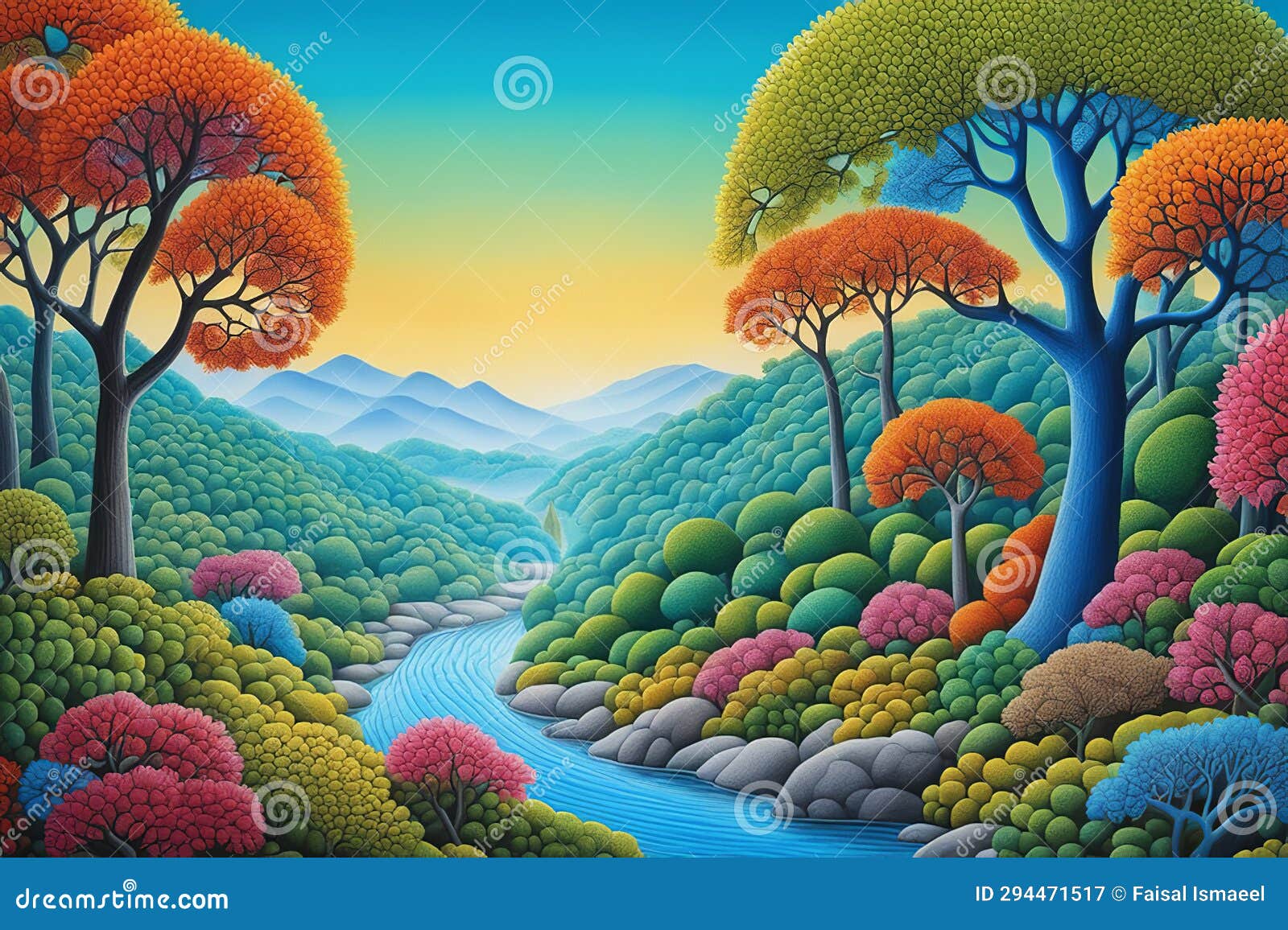 A Landscape Scene Painted in the Gond Art Style Stock Illustration ...
