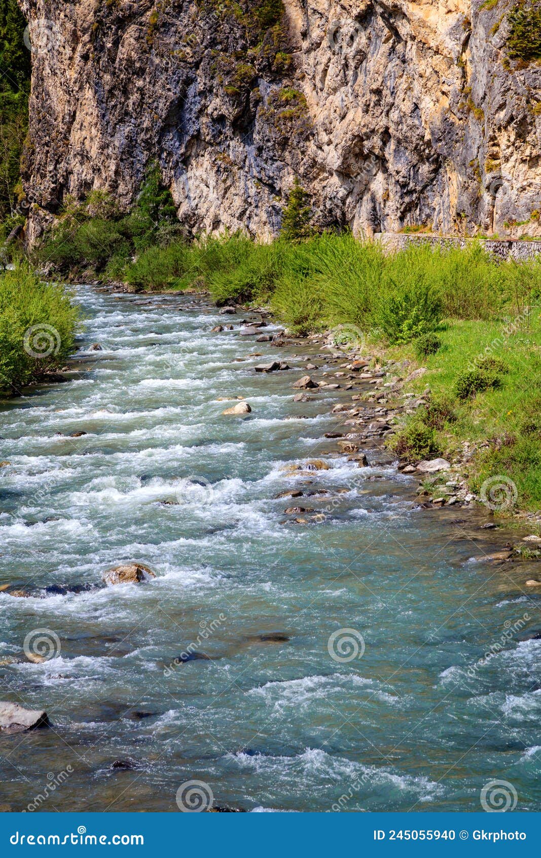 Landscape Scenery of Stream and High Mountain Alps Stock Photo - Image ...