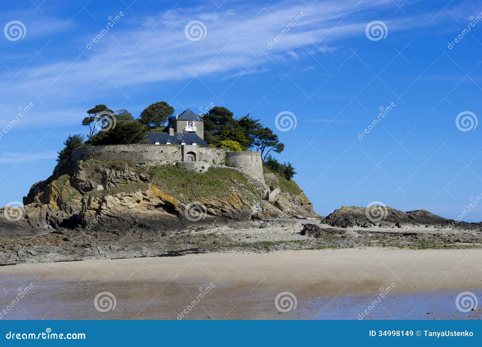Landscape, Seascape with Beach and a House on Top of a Rock Stock Image ...
