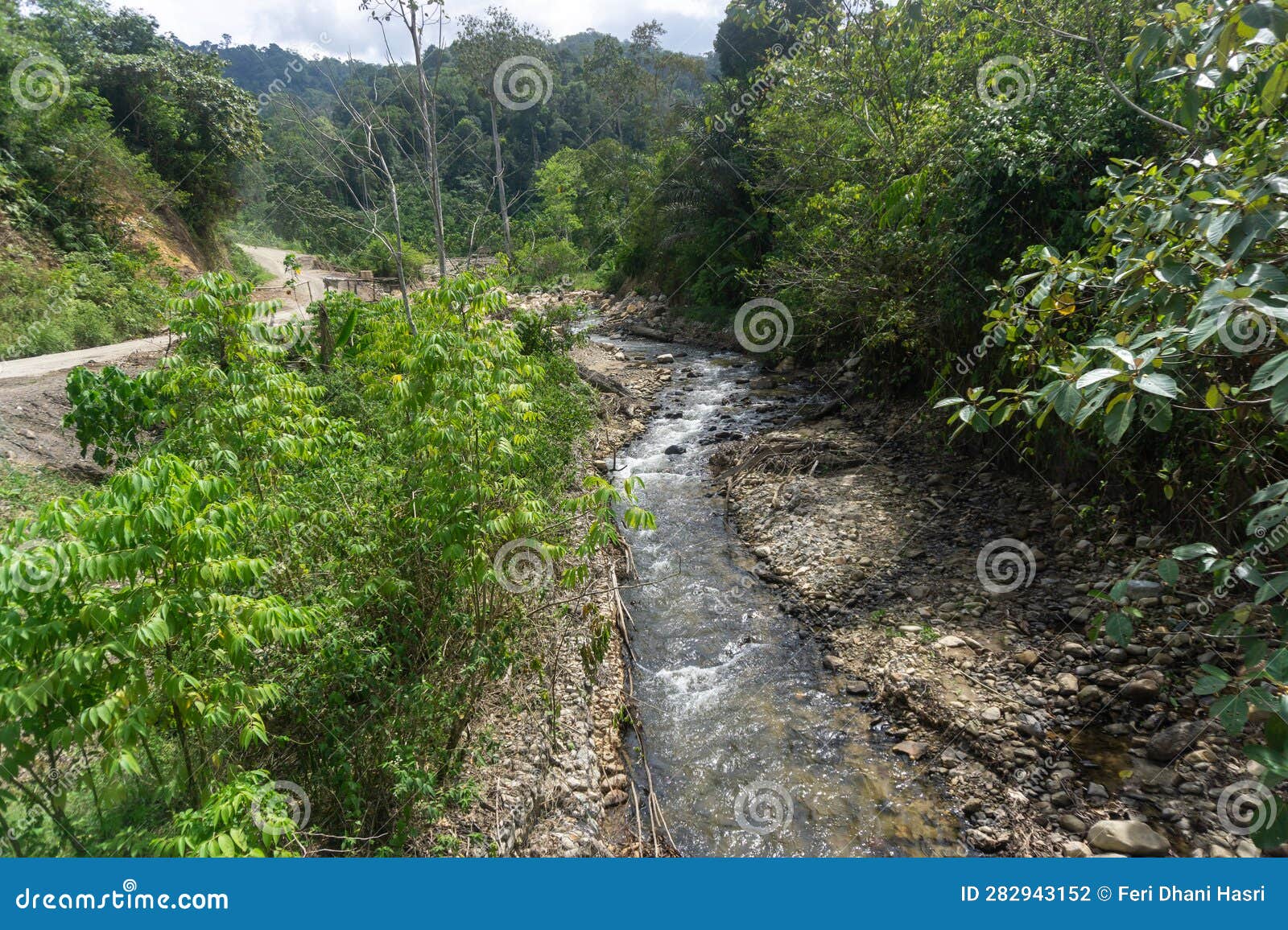 Landscape of Small River and Village Road with Beautiful Mountain ...