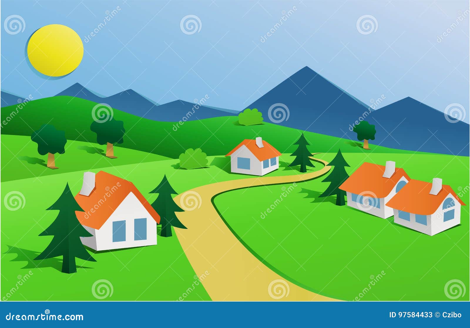 Landscape with Small Village Stock Vector - Illustration of lights ...