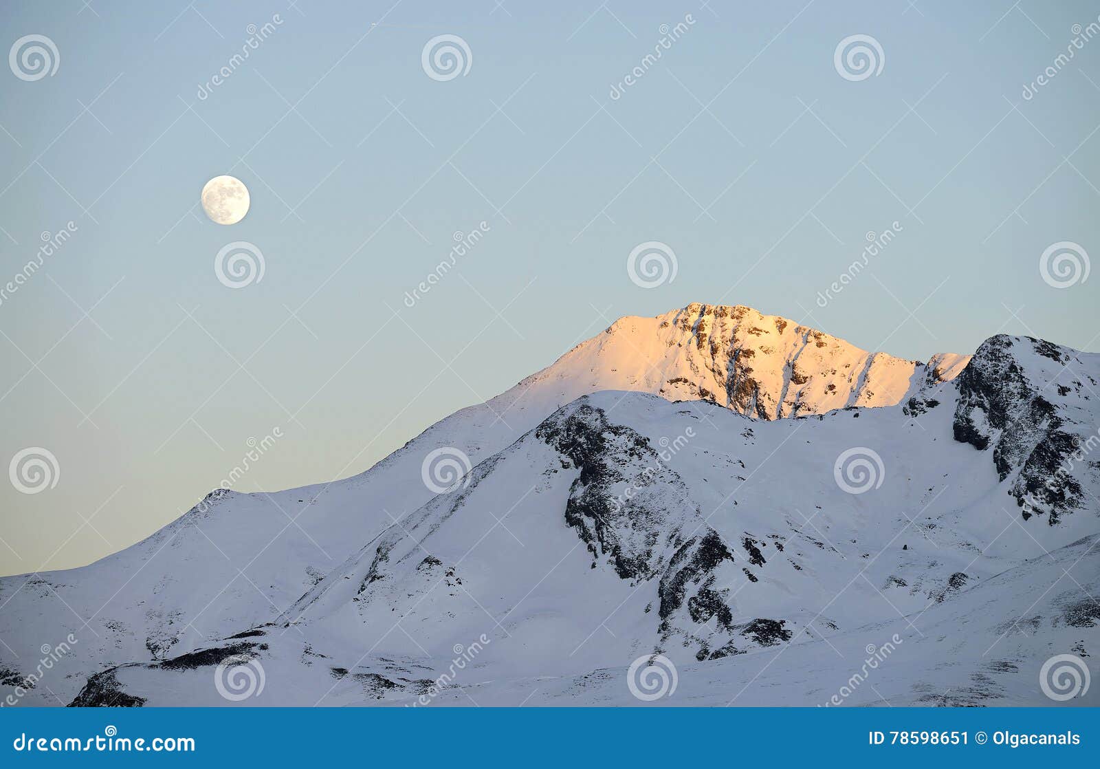 Landscape of Snowy Mountains, with the Moon Stock Image - Image of ...