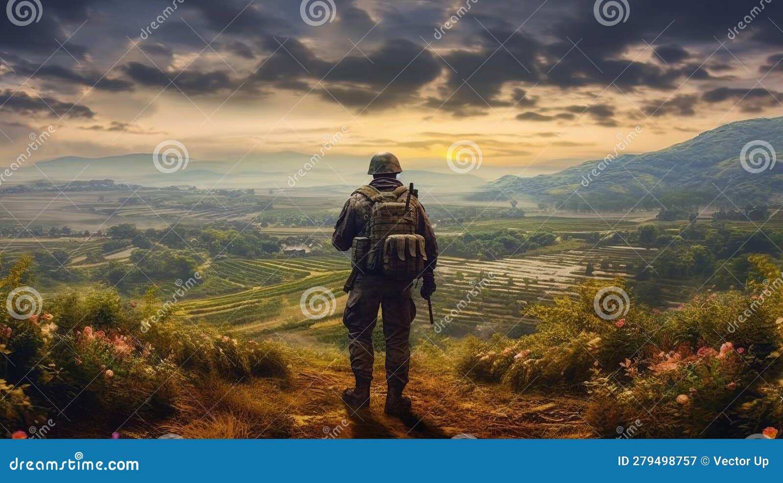 Landscape with a Soldier Back View. Generative AI Stock Illustration ...