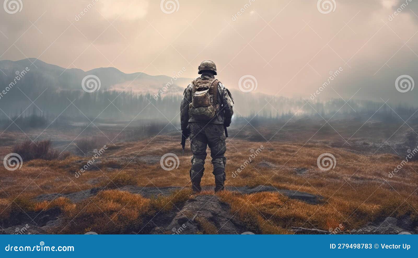 Landscape with a Soldier Back View. Generative AI Stock Illustration ...