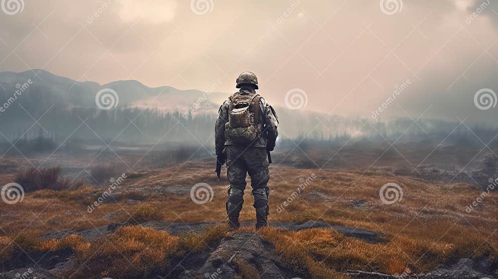 Landscape with a Soldier Back View. Generative AI Stock Illustration ...