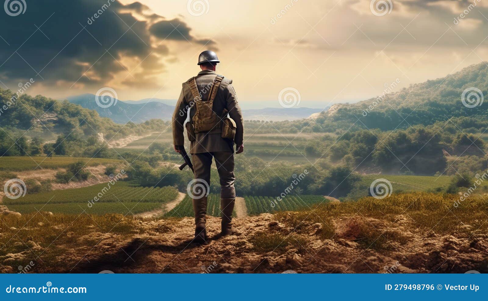 Landscape with a Soldier Back View. Generative AI Stock Illustration ...