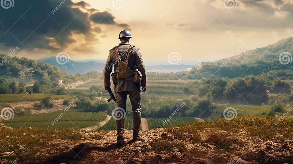 Landscape with a Soldier Back View. Generative AI Stock Illustration ...