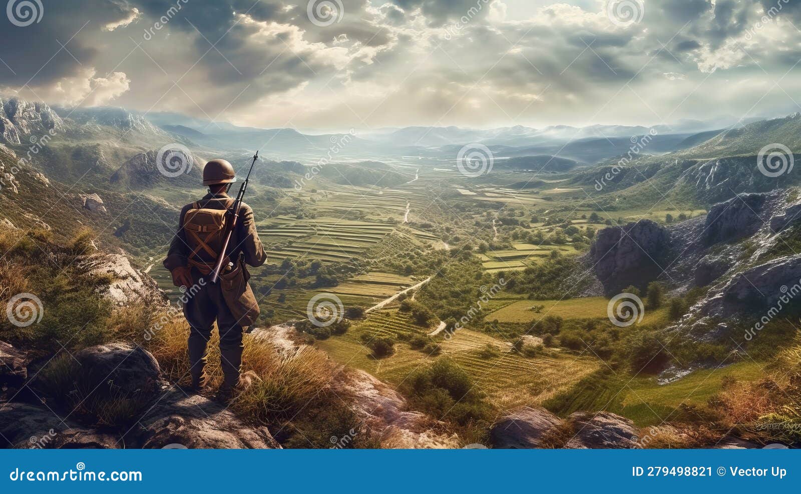 Landscape with a Soldier Back View. Generative AI Stock Illustration ...