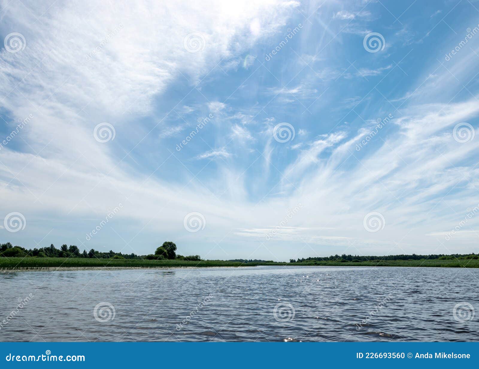 Landscape with the Source of the River from the Lake, Beautiful Clouds ...