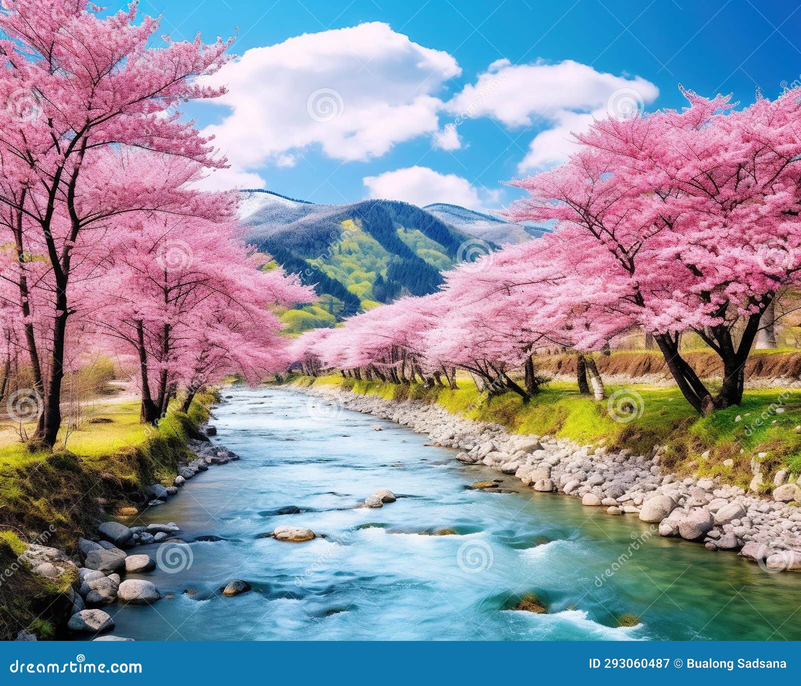 Landscape in Spring Scenery of River and Sakura. Stock Illustration ...