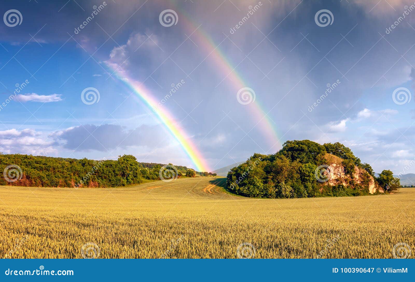 Landscape with Dramatic Sky and Rainbow. Stock Image - Image of blue ...