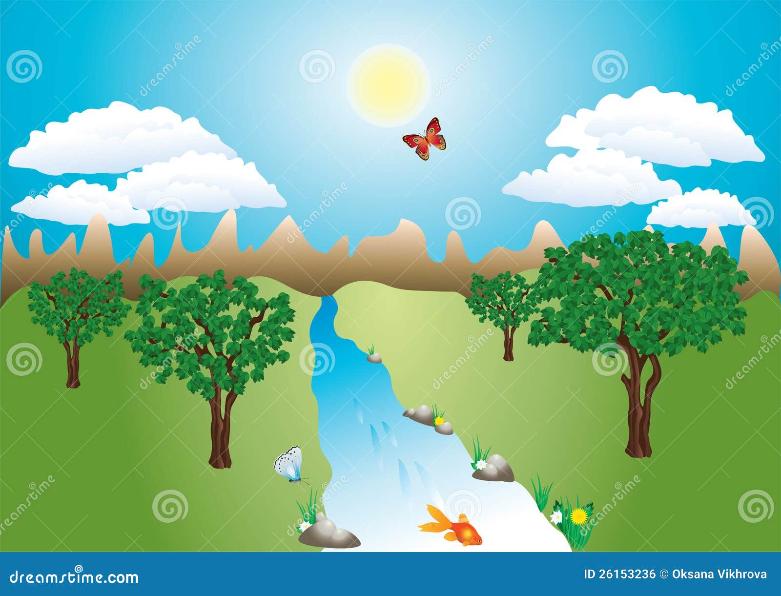 Landscape with a stream. stock vector. Illustration of outdoors - 26153236