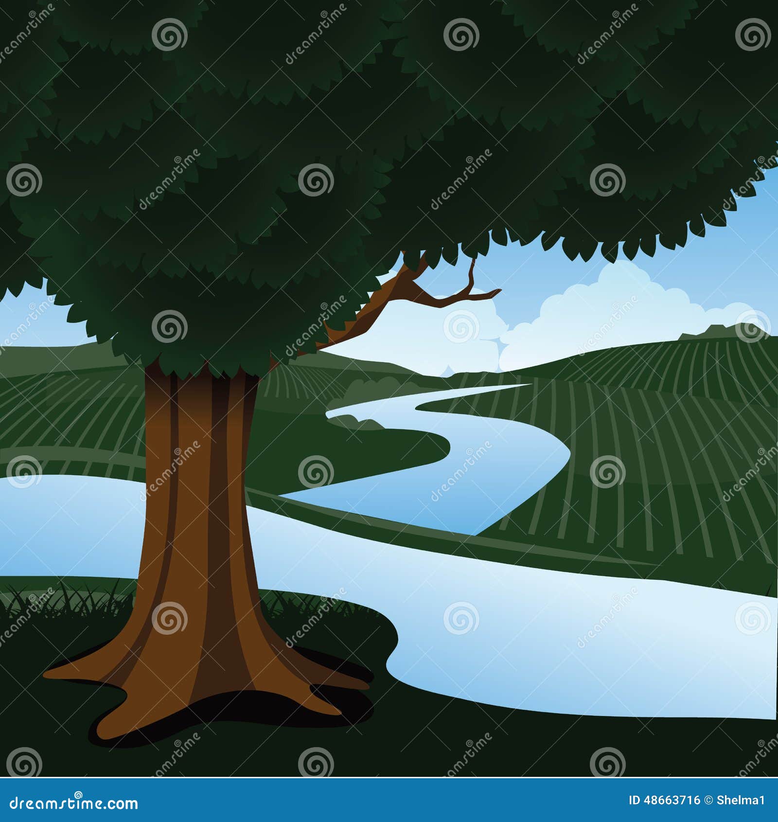 Landscape with Stream and Tree Stock Vector - Illustration of meadow ...