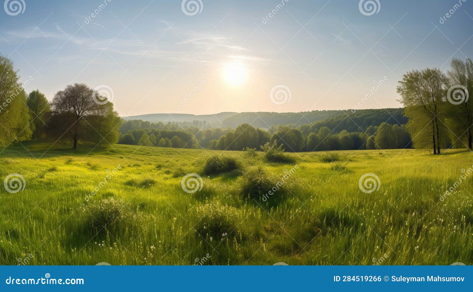 Landscape in Summer with Trees and Meadows in Bright Sunshine Stock ...