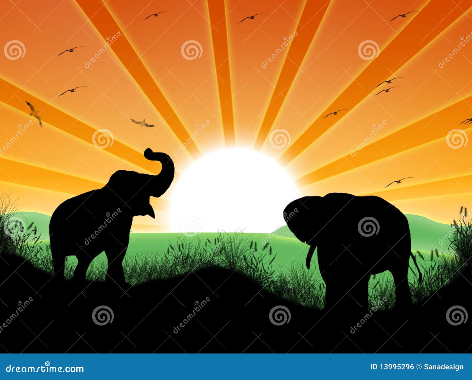 Landscape with Sun and Elephants Stock Illustration - Illustration of ...