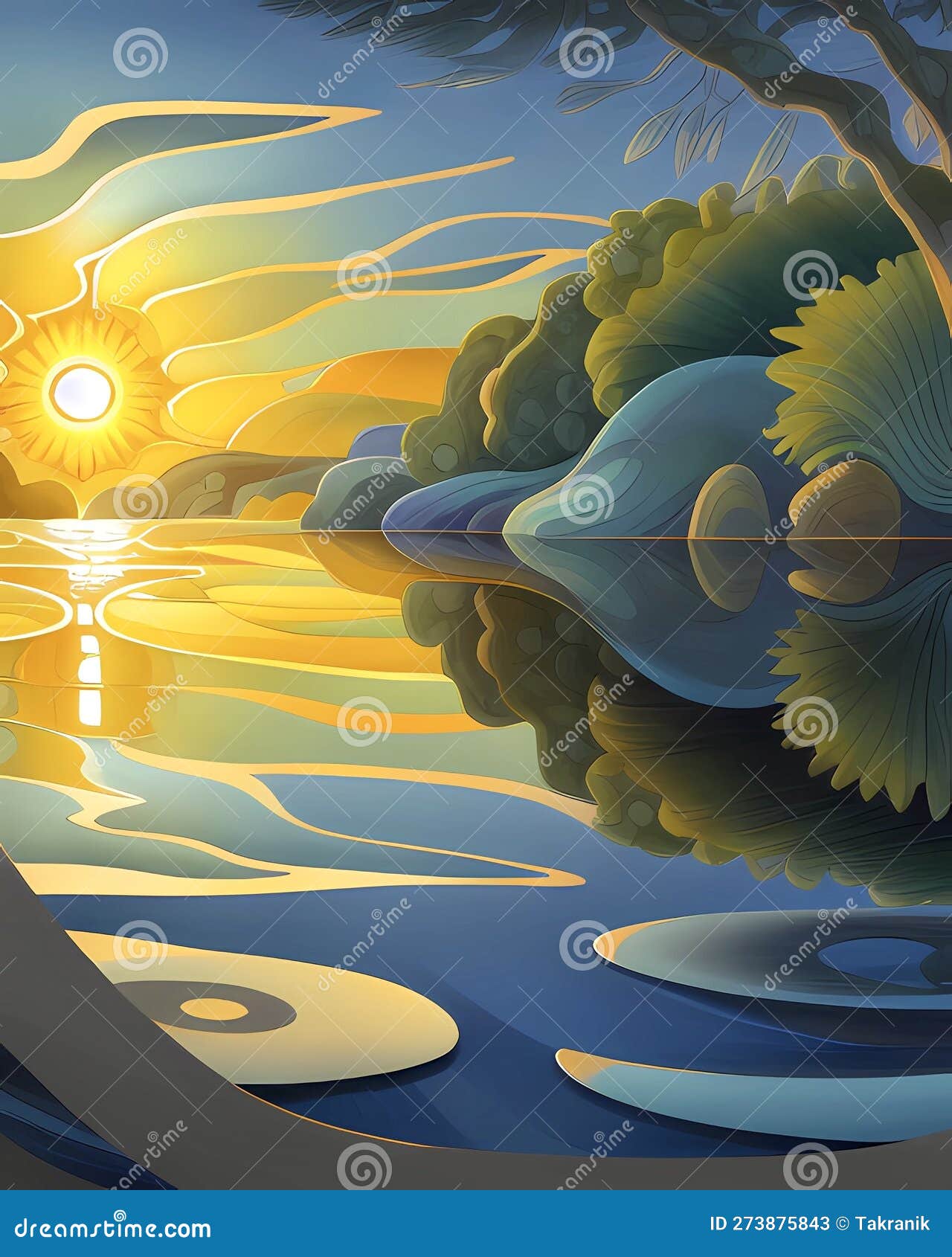 Landscape with Sun Glare Over Rippling Water Stock Illustration ...