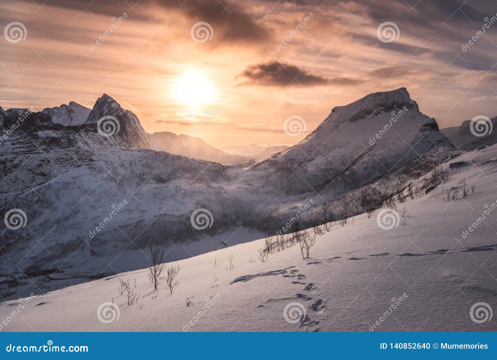Landscape of Sunrise on Snowy Mountain at Peak of Segla Stock Photo ...