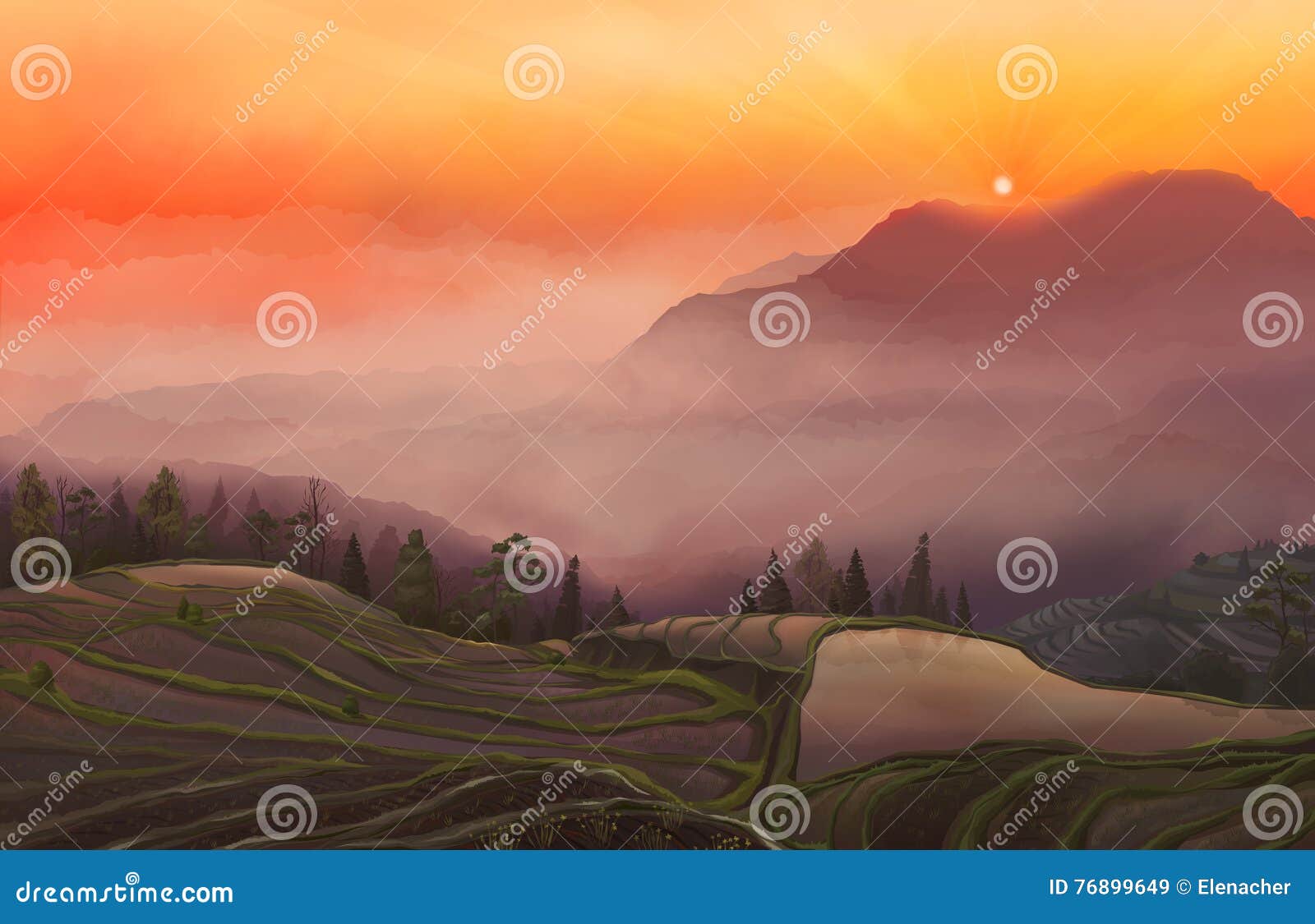 Landscape at sunset stock illustration. Illustration of orange - 76899649
