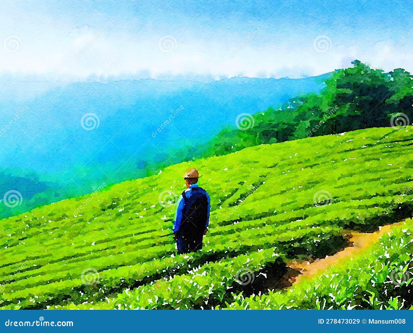 Landscape of Tea Plantation, Watercolor Style, Ai Generated Stock ...