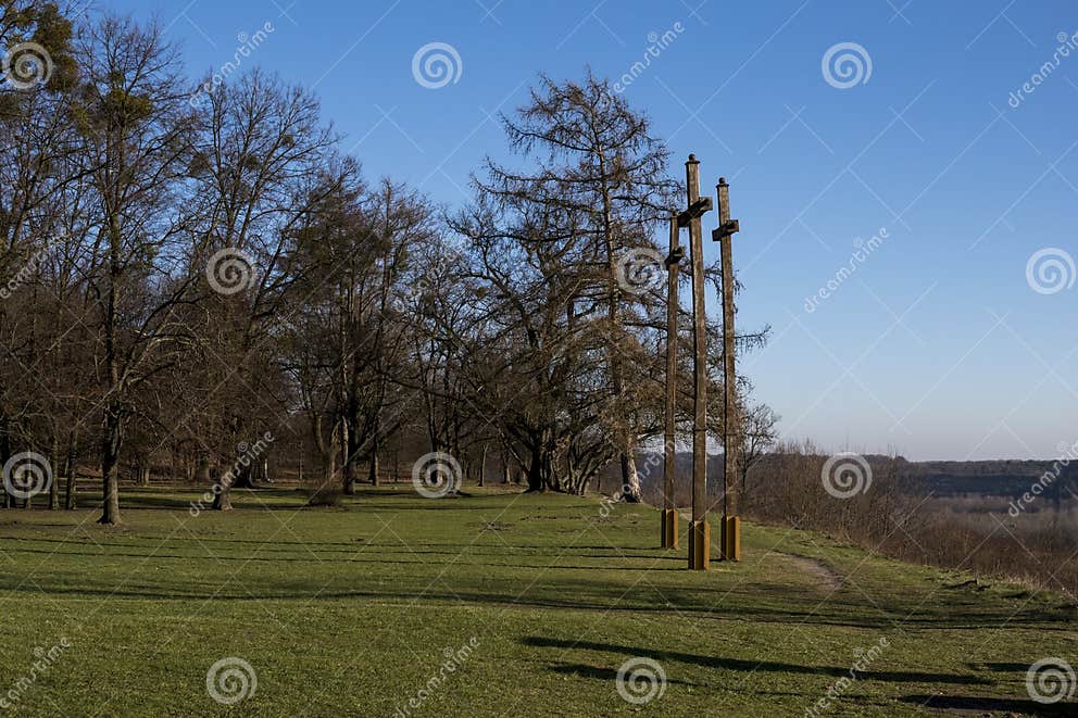 Landscape with Three Crosses Standing on the Side of a Cliff Stock ...