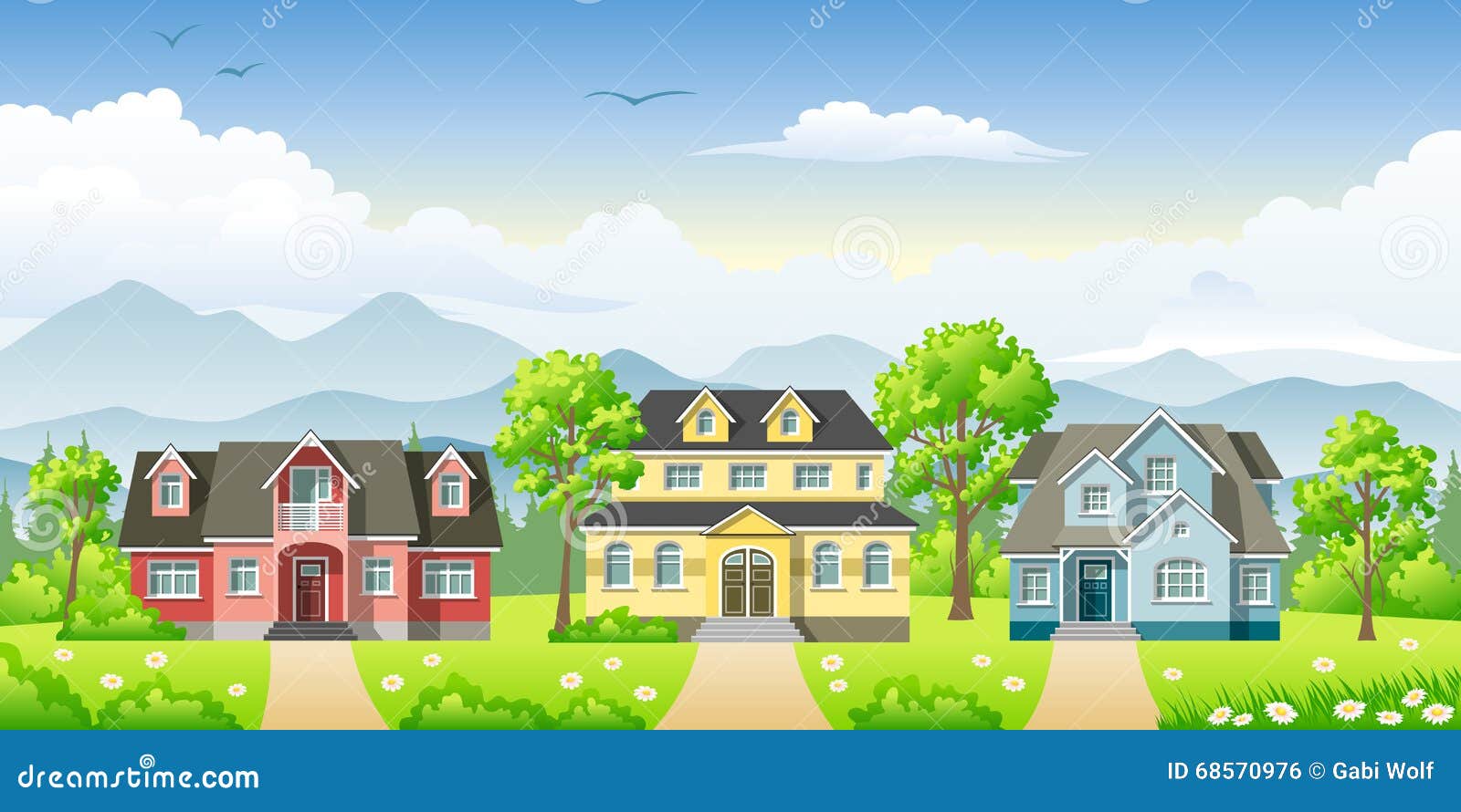 Landscape with Three Houses Stock Vector - Illustration of vector ...
