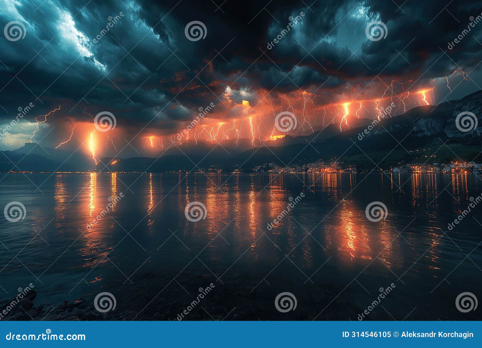 Landscape with Thunderstorms and Thunderbolt Lightning in Night Sky ...