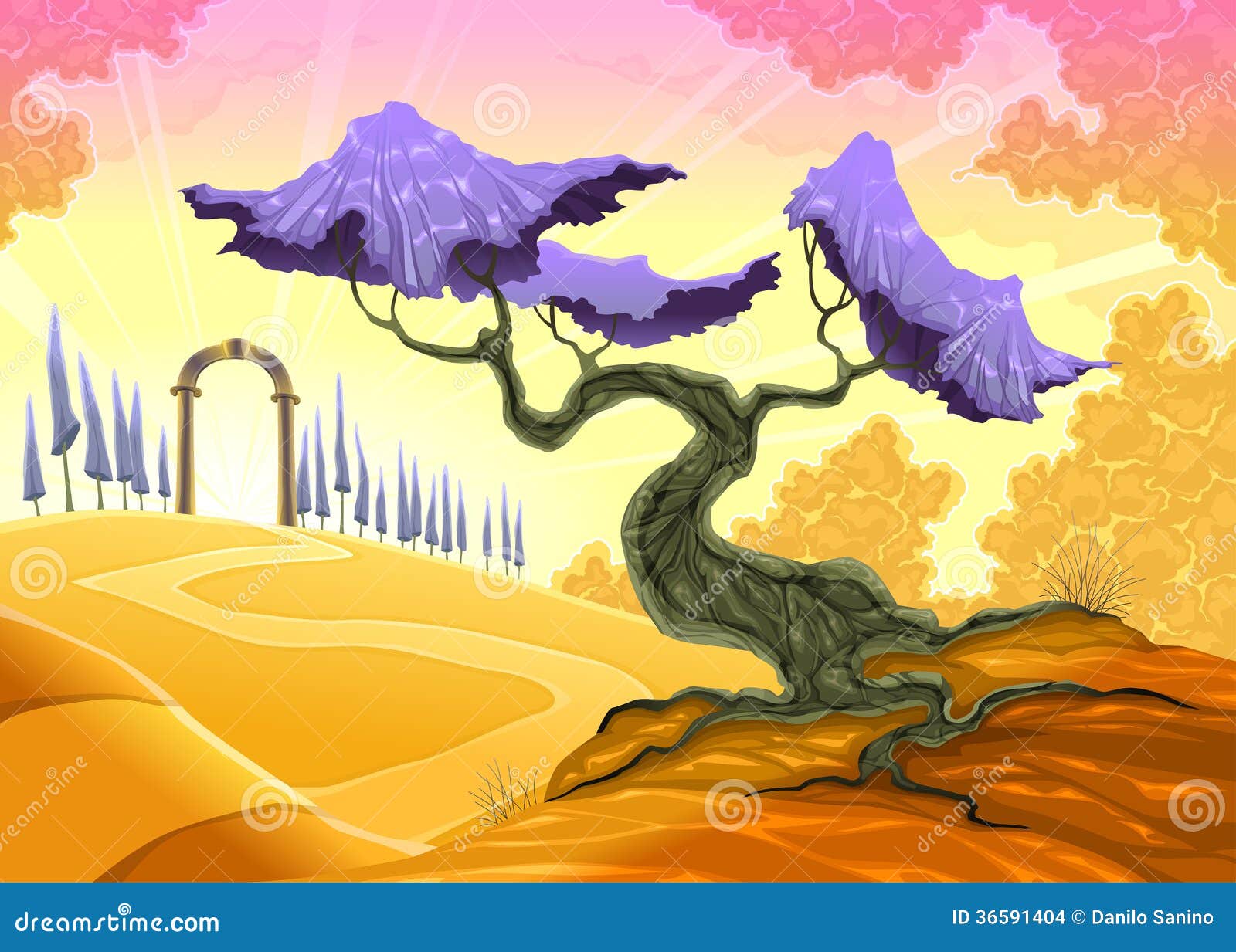 Landscape with Tree and Arch. Stock Vector - Illustration of scene ...