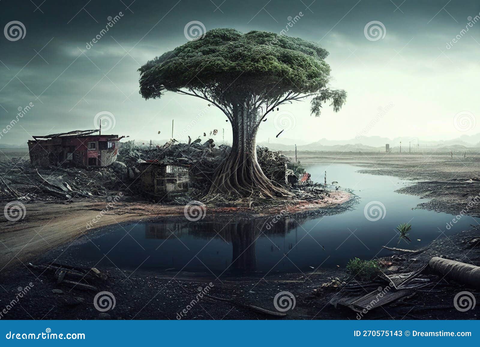 Landscape Tree and Ruins Illustration Generative AI Stock Illustration ...
