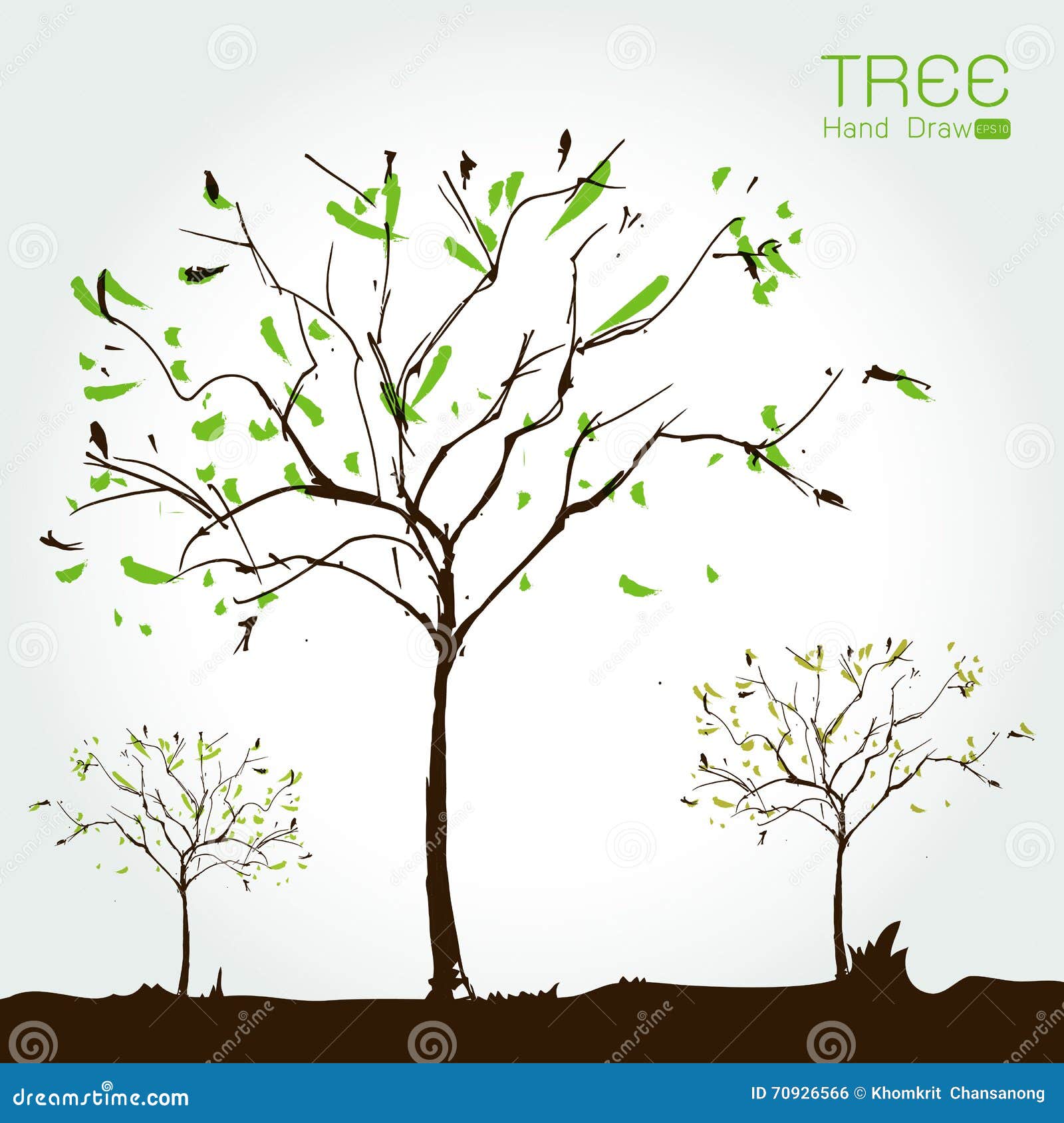 Landscape with Tree at Sun Set Hand Drawn Stock Vector - Illustration ...