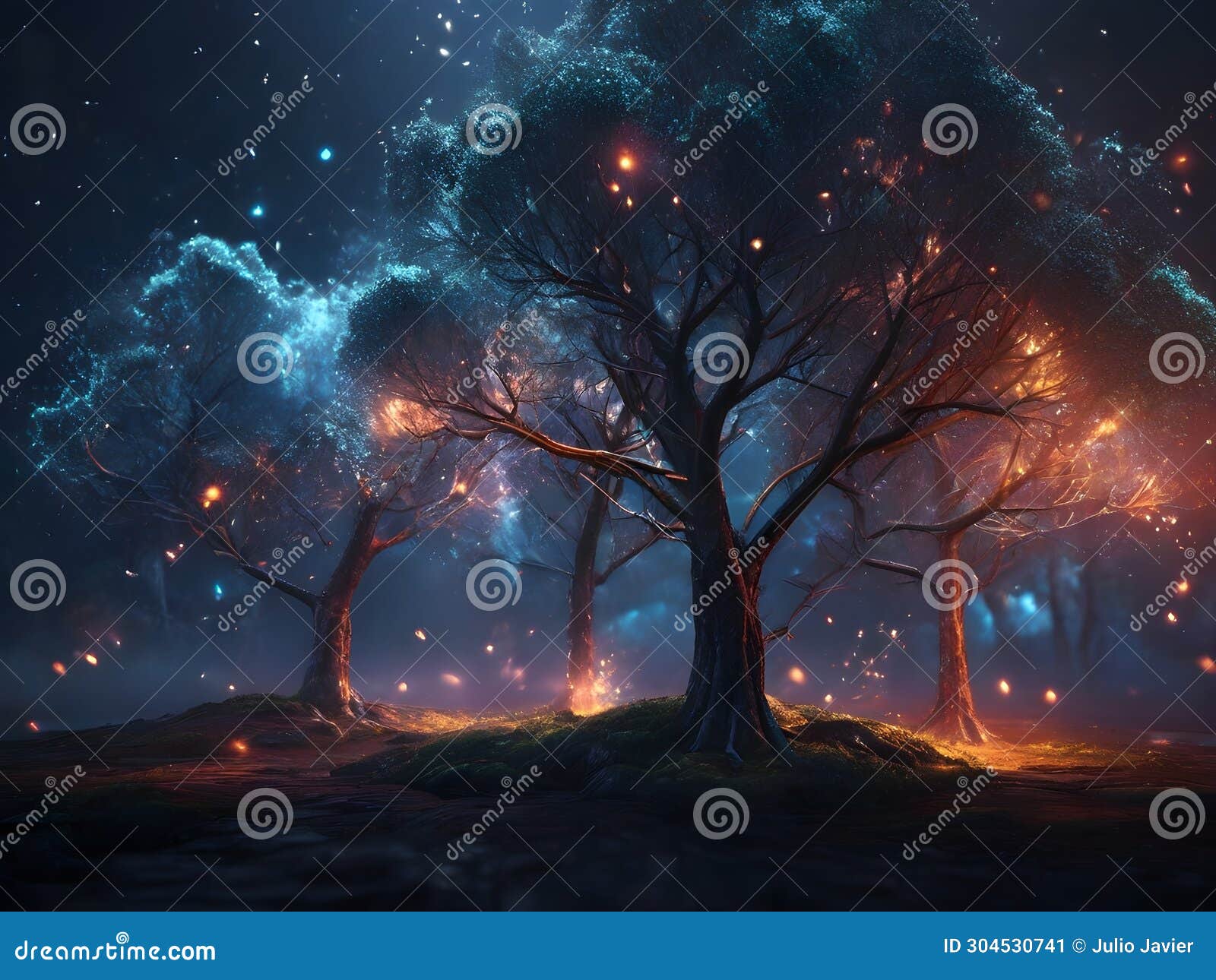 Landscape with Trees Full of Glowing Lights Stock Illustration ...
