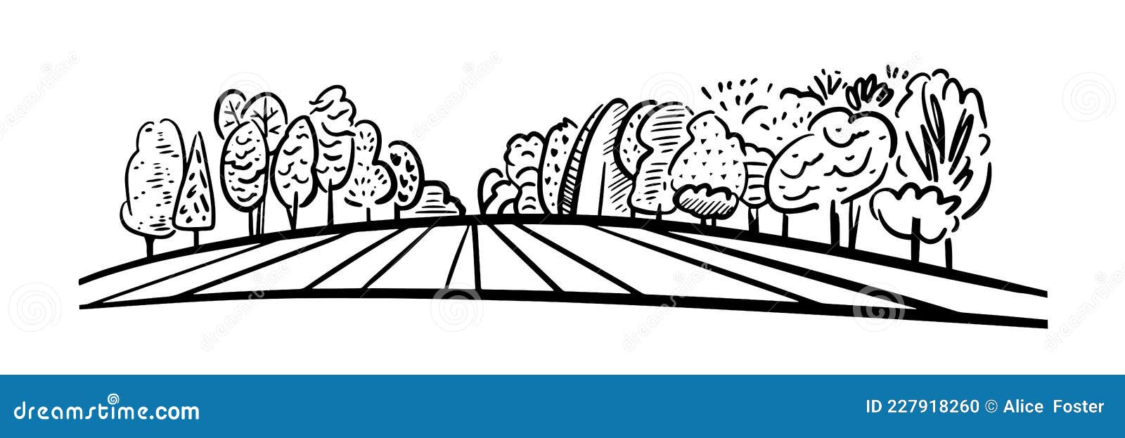 Landscape with Trees, Hills in Outline Style. Vector Hand Drawn ...