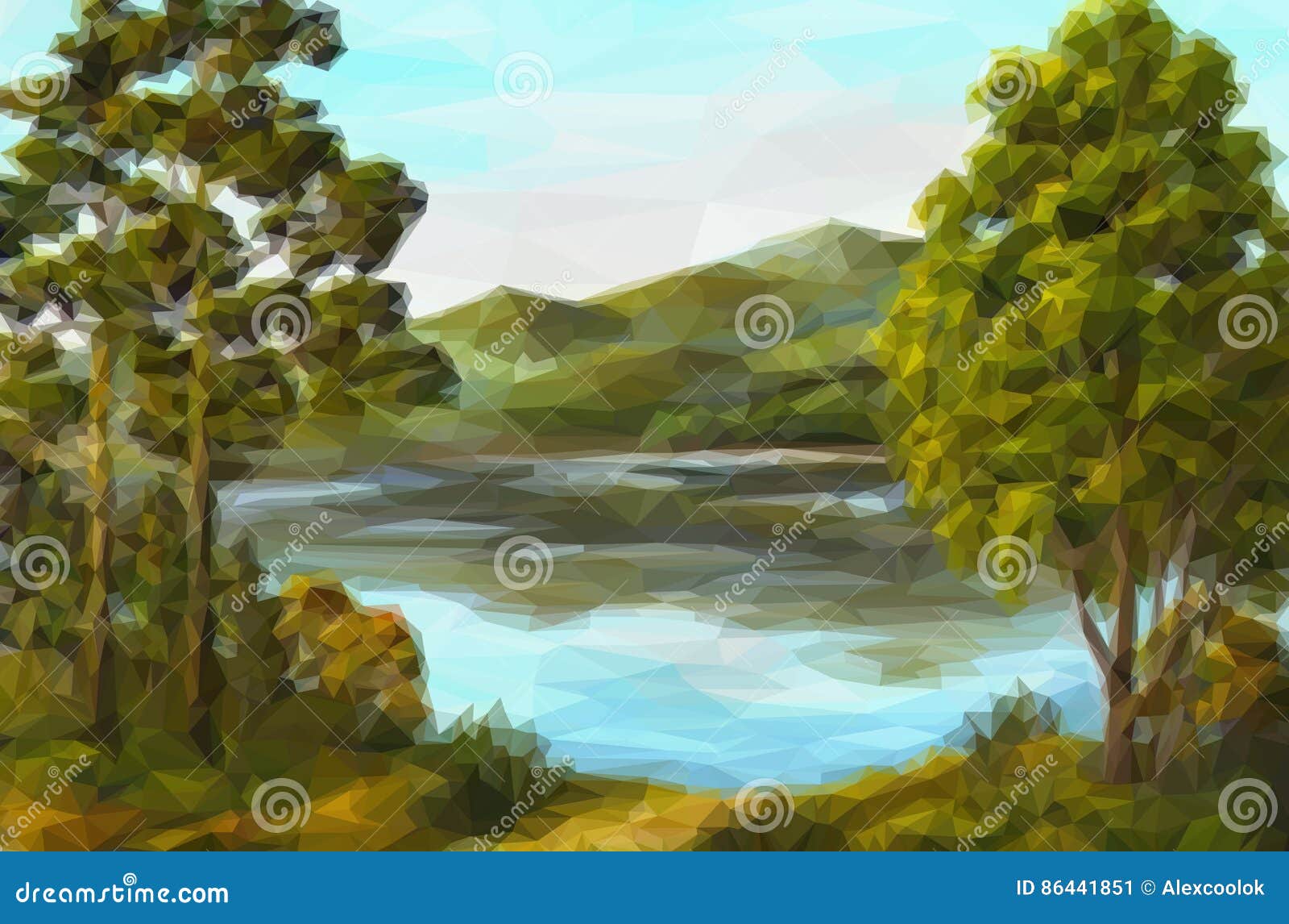 Landscape, Trees and Lake stock vector. Illustration of outdoor - 86441851