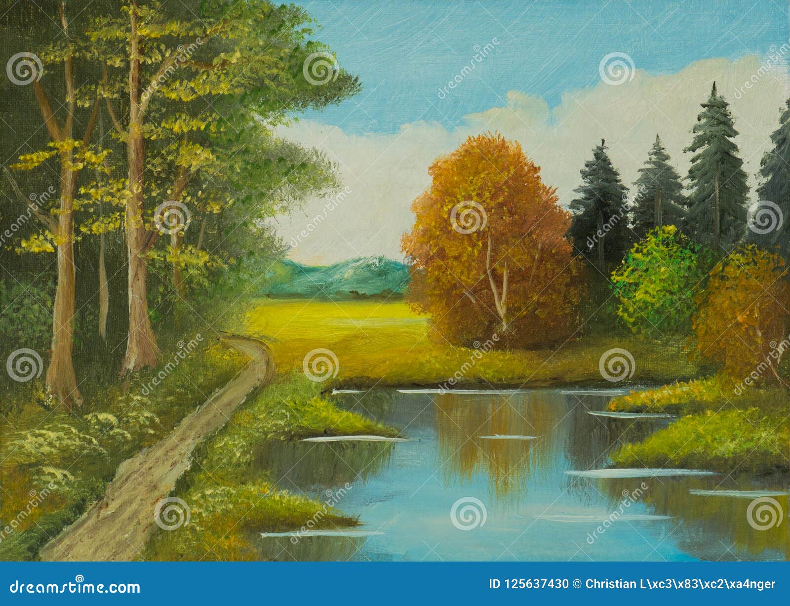 Landscape with Trees and a Path Along the River Stock Illustration ...