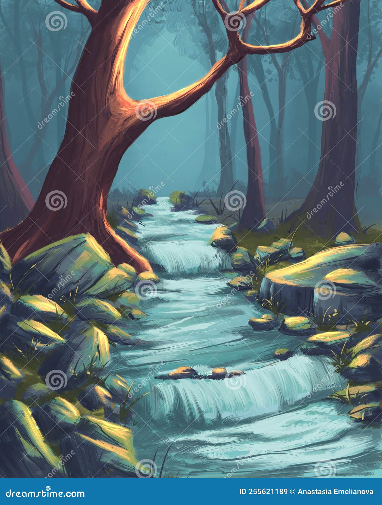 Landscape with Trees and Stream Stock Illustration - Illustration of ...