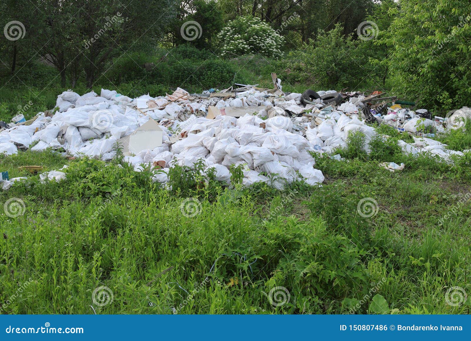 Landscape View on a Green Forest and Grass with Huge Garbage Dump ...