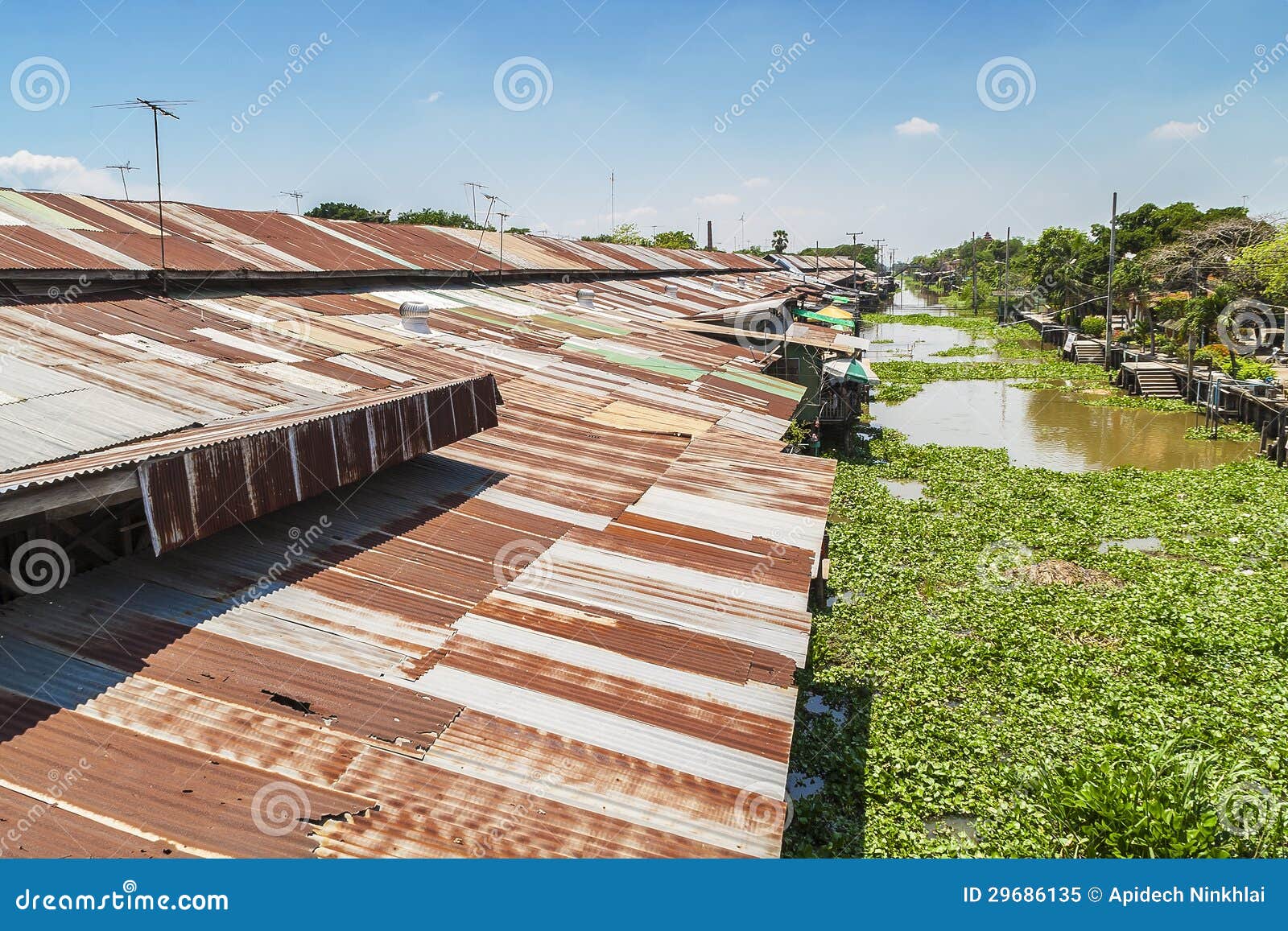 Landscape View of Rusty Roof and River Stock Image - Image of house ...