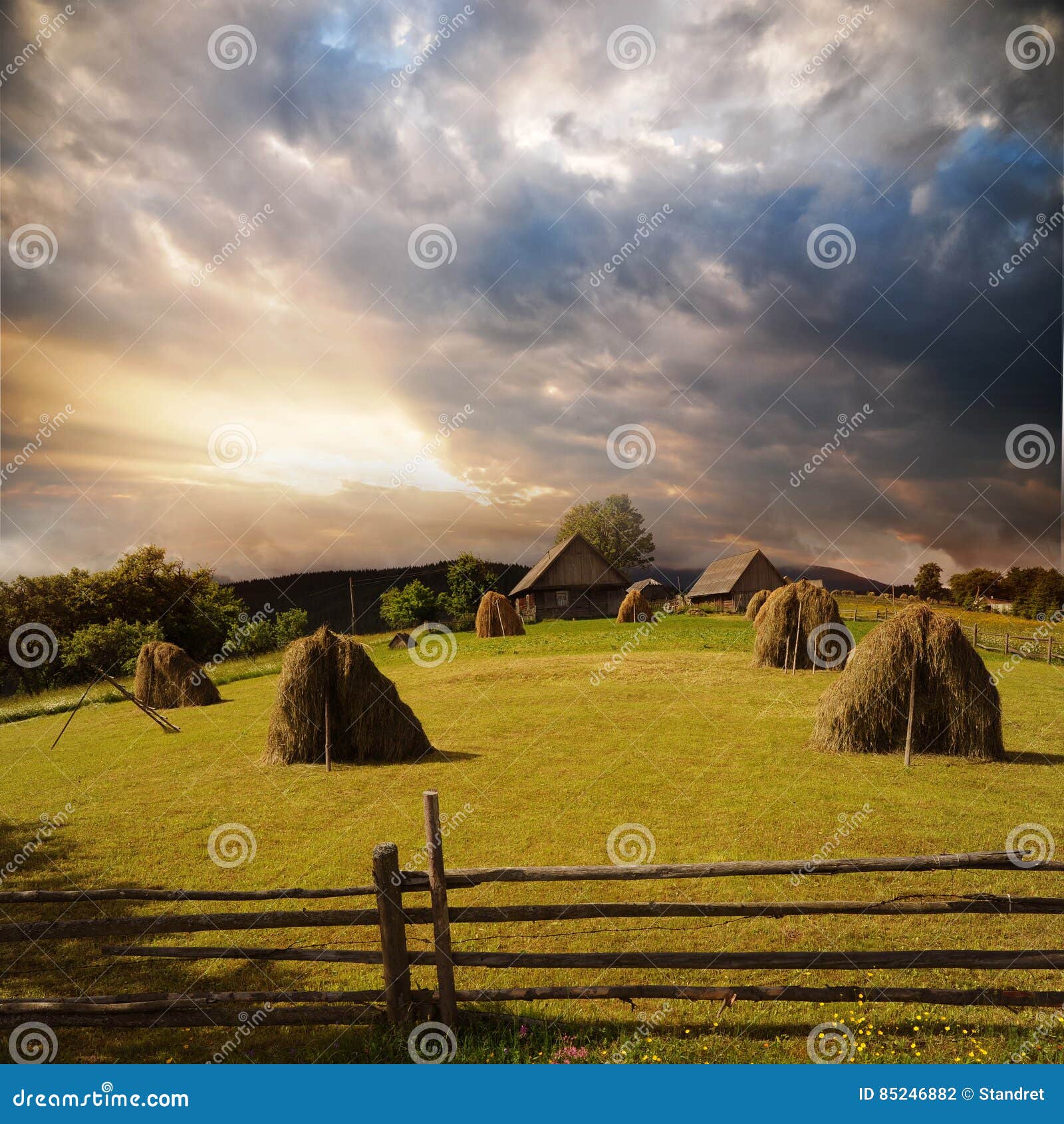 Landscape with village stock photo. Image of foggy, gray - 85246882