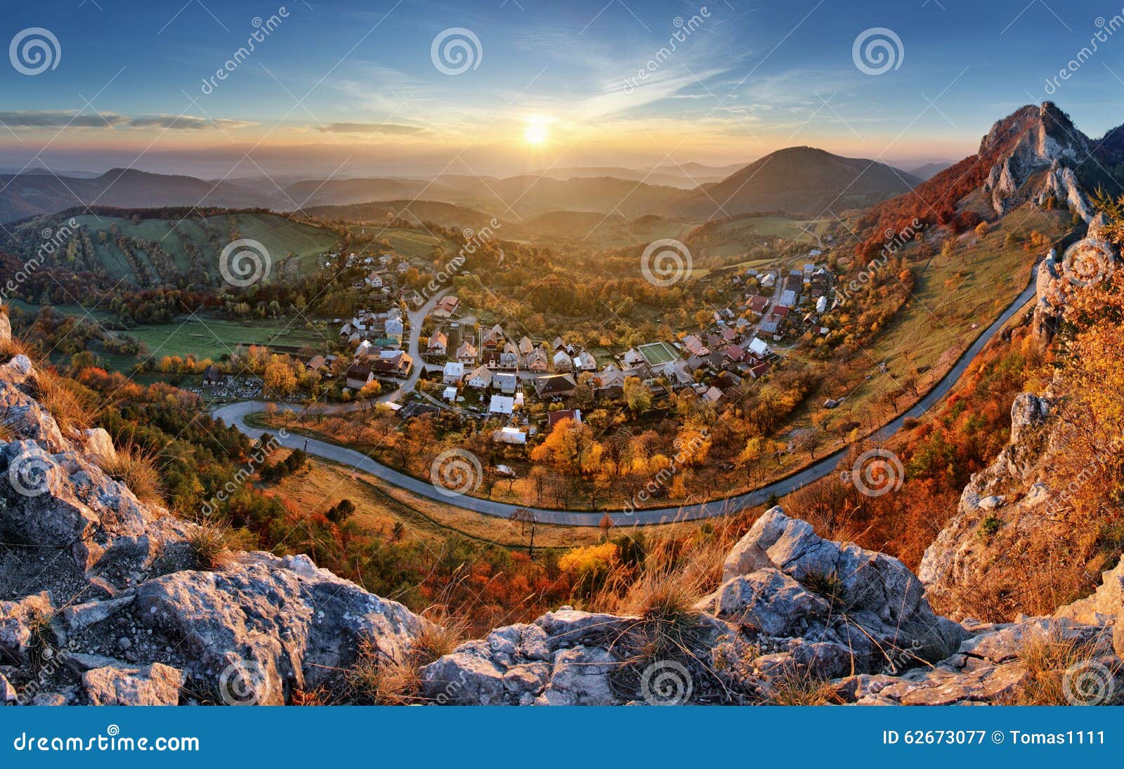 Landscape with Village, Mountains and Blu Sky - Panoramic Stock Image ...