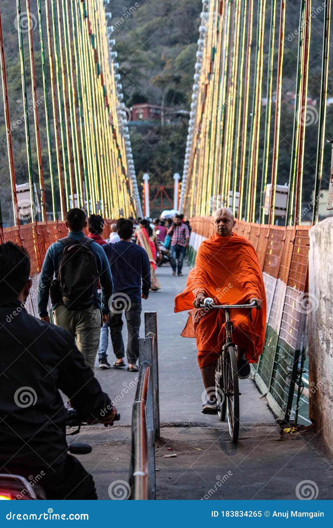 Landscape of W Bridge with a Mnk and Crowd on Bridge Over the Ganga ...