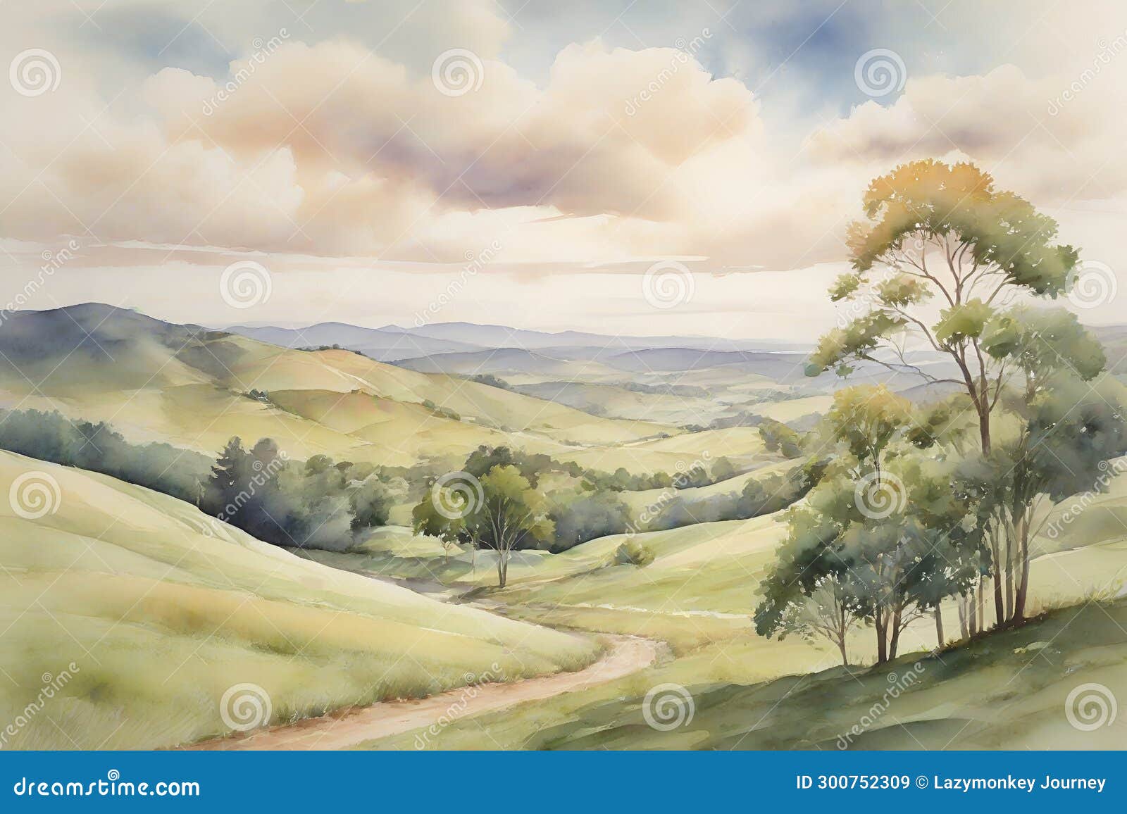 Landscape Watercolor of Peaceful Hills and Trees Stock Illustration ...