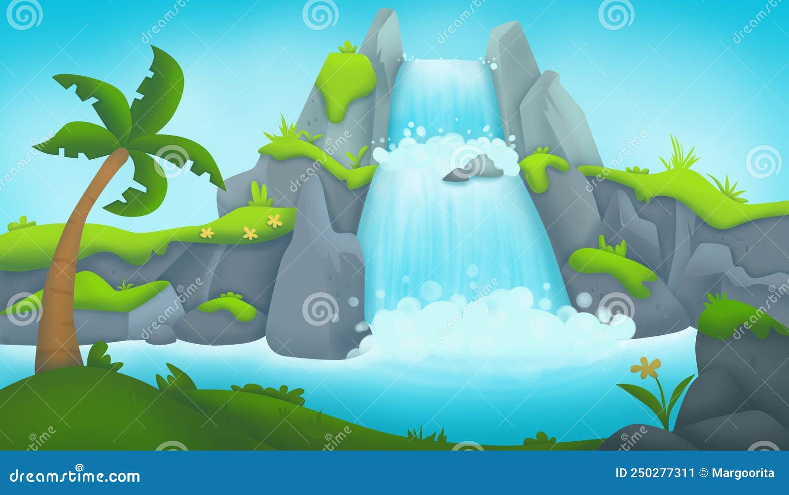 Landscape Waterfall And Palm Tree. Cute Illustration. | CartoonDealer ...