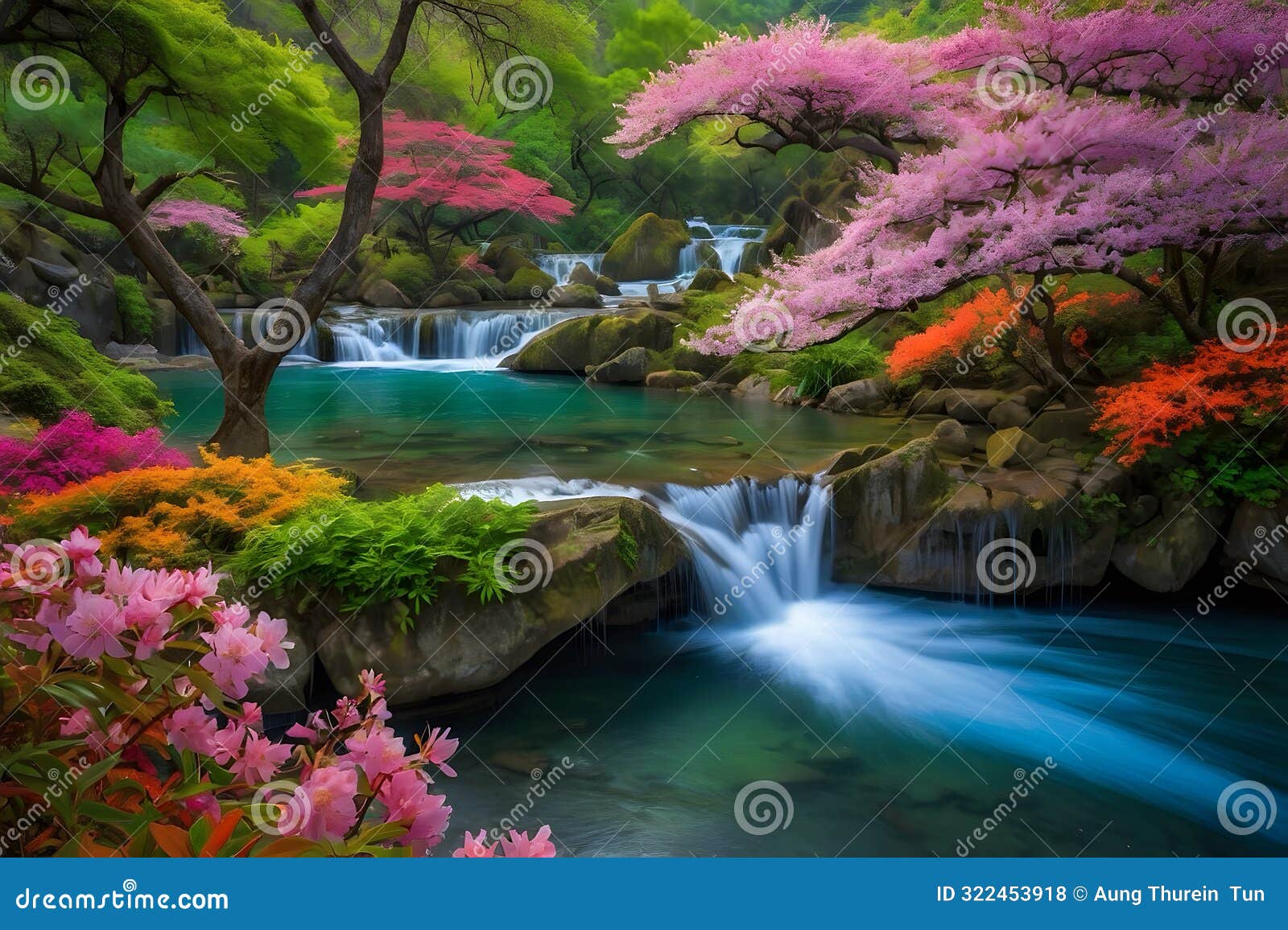 A Landscape of a Waterfall with Sakura Trees and Flowers Blooming Stock ...