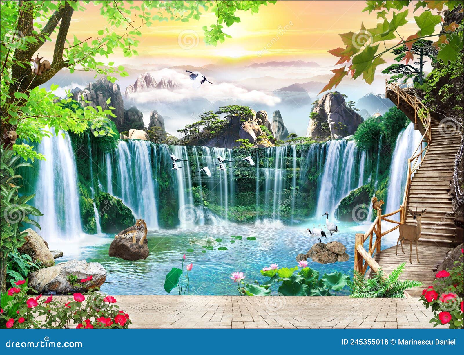 Landscape with Waterfall at Sunset. Heaven on Earth Stock Photo - Image ...