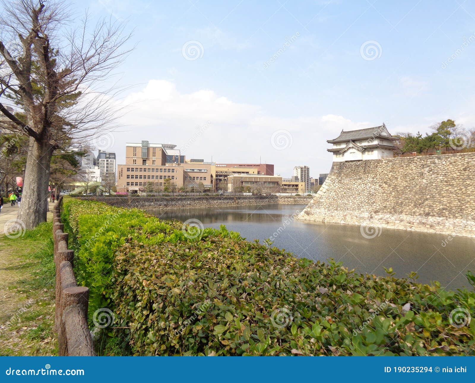 Landscape of Waterfront, Greenery, Osaka Castle with Cloudy Sky Stock ...