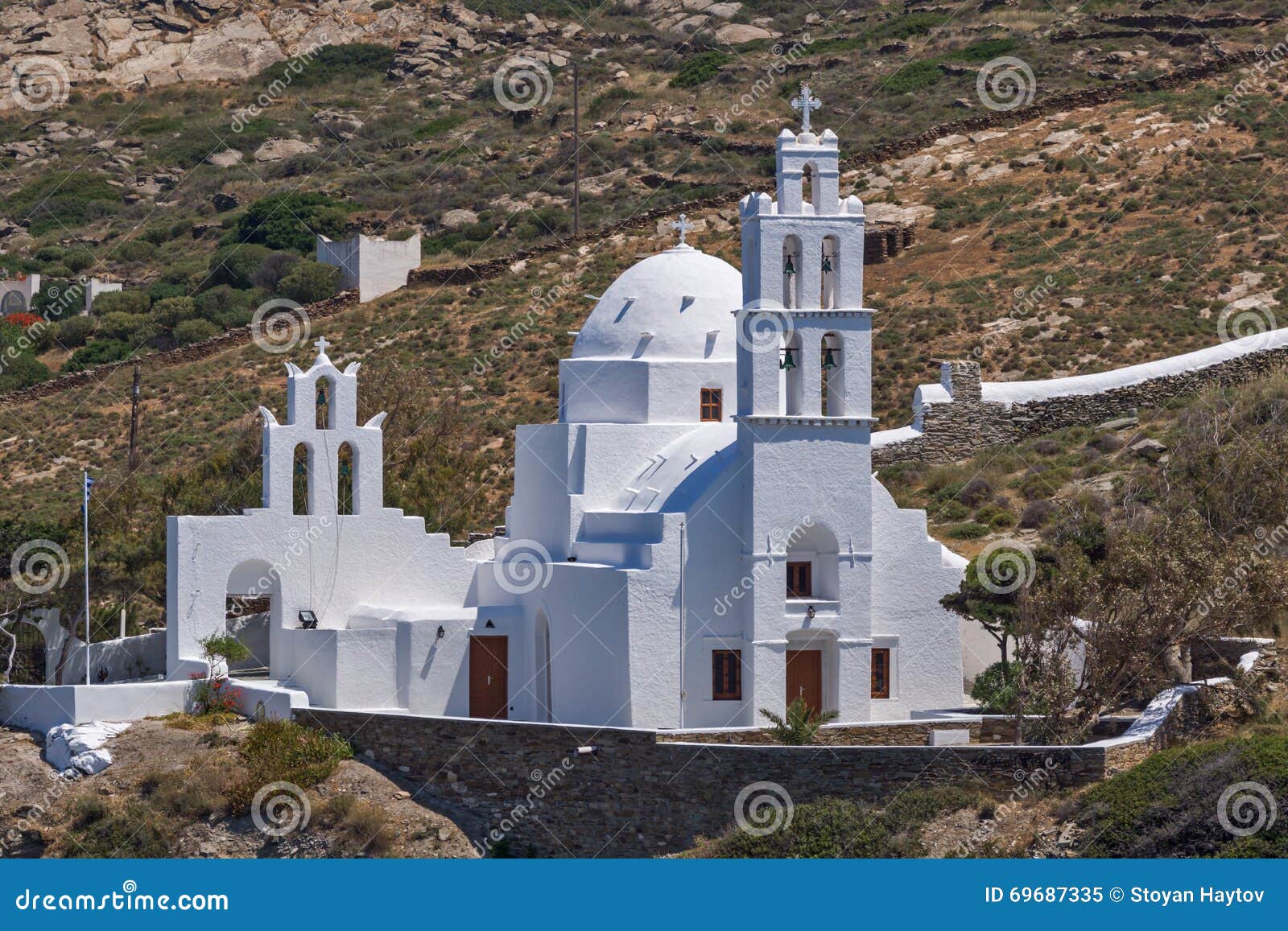 Landscape with White Churches in Town of Ios, Greece Stock Image ...