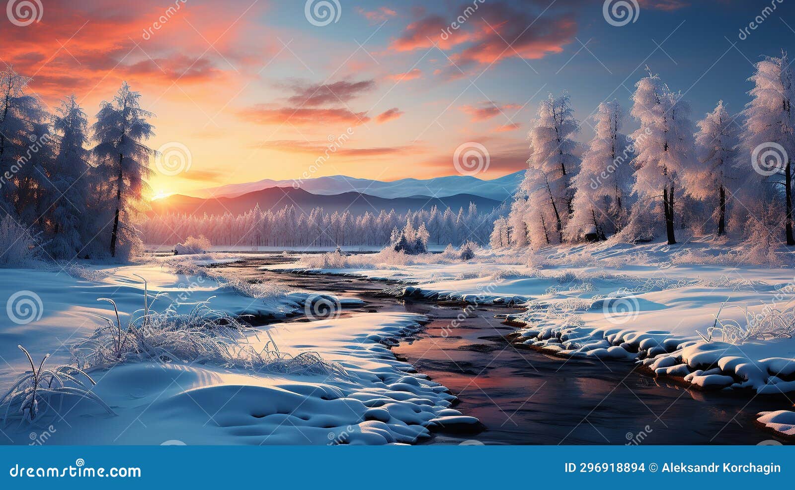 Landscape with Winter Forest, Mountains and River at Sunset Stock Photo ...