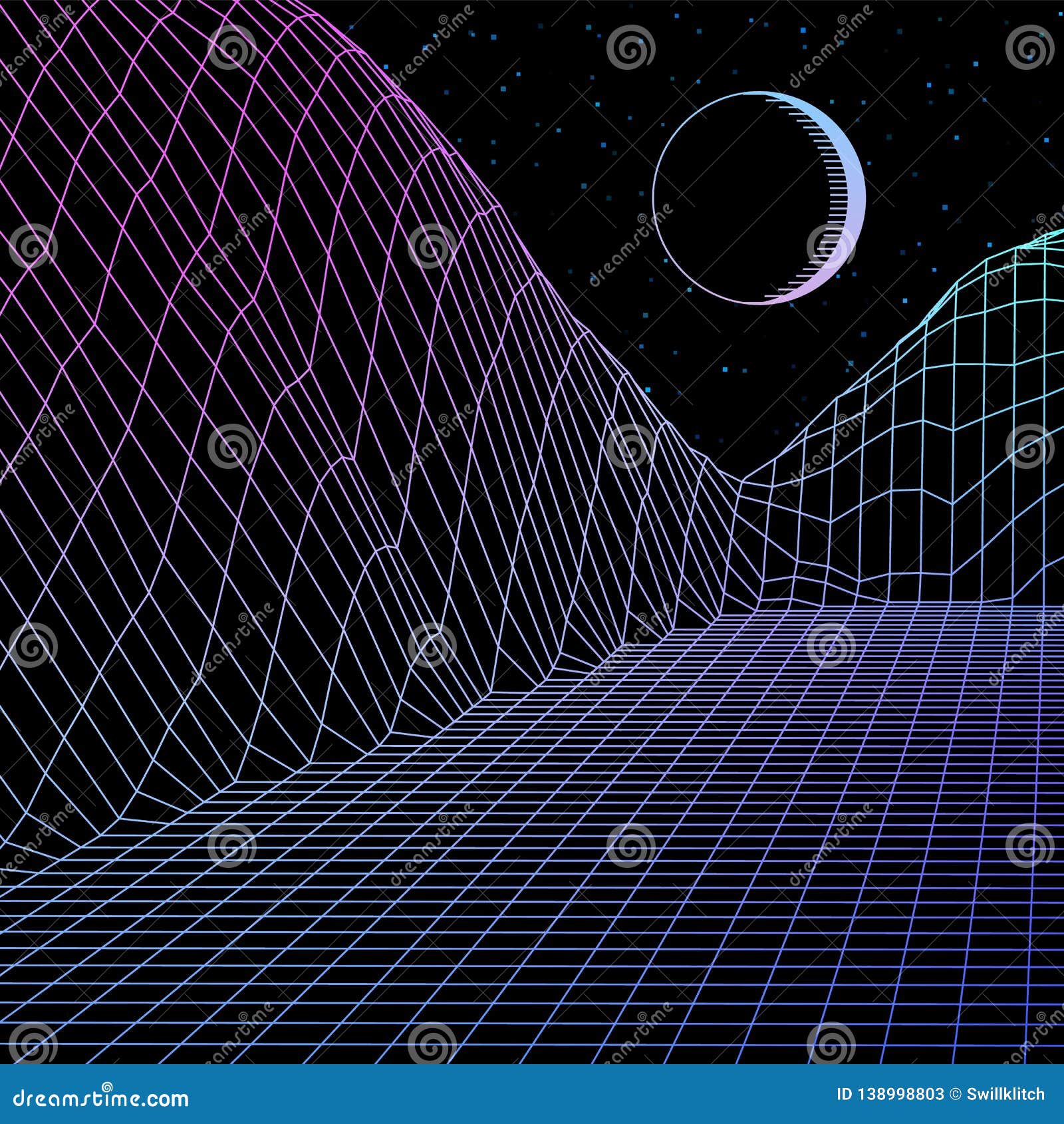 Landscape with Wireframe Grid of 80s Styled Retro Computer Game or ...