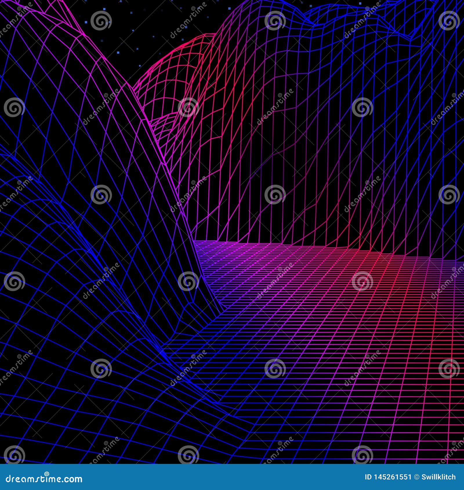 Landscape with Wireframe Grid of 80s Styled Retro Computer Game or ...