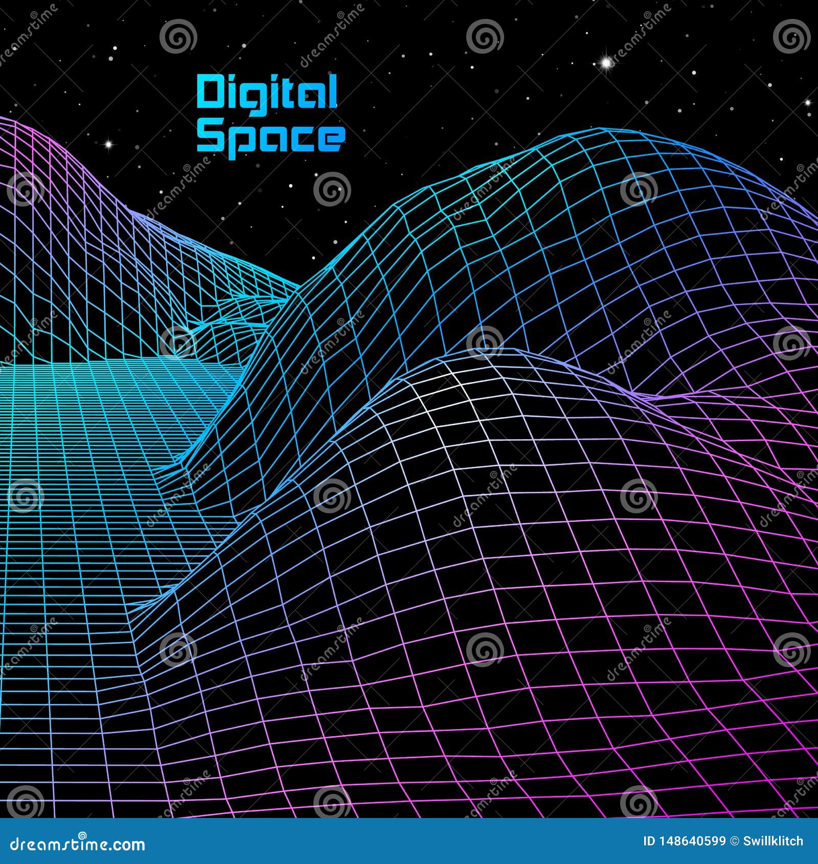 Landscape with Wireframe Grid of 80s Styled Retro Computer Game or ...