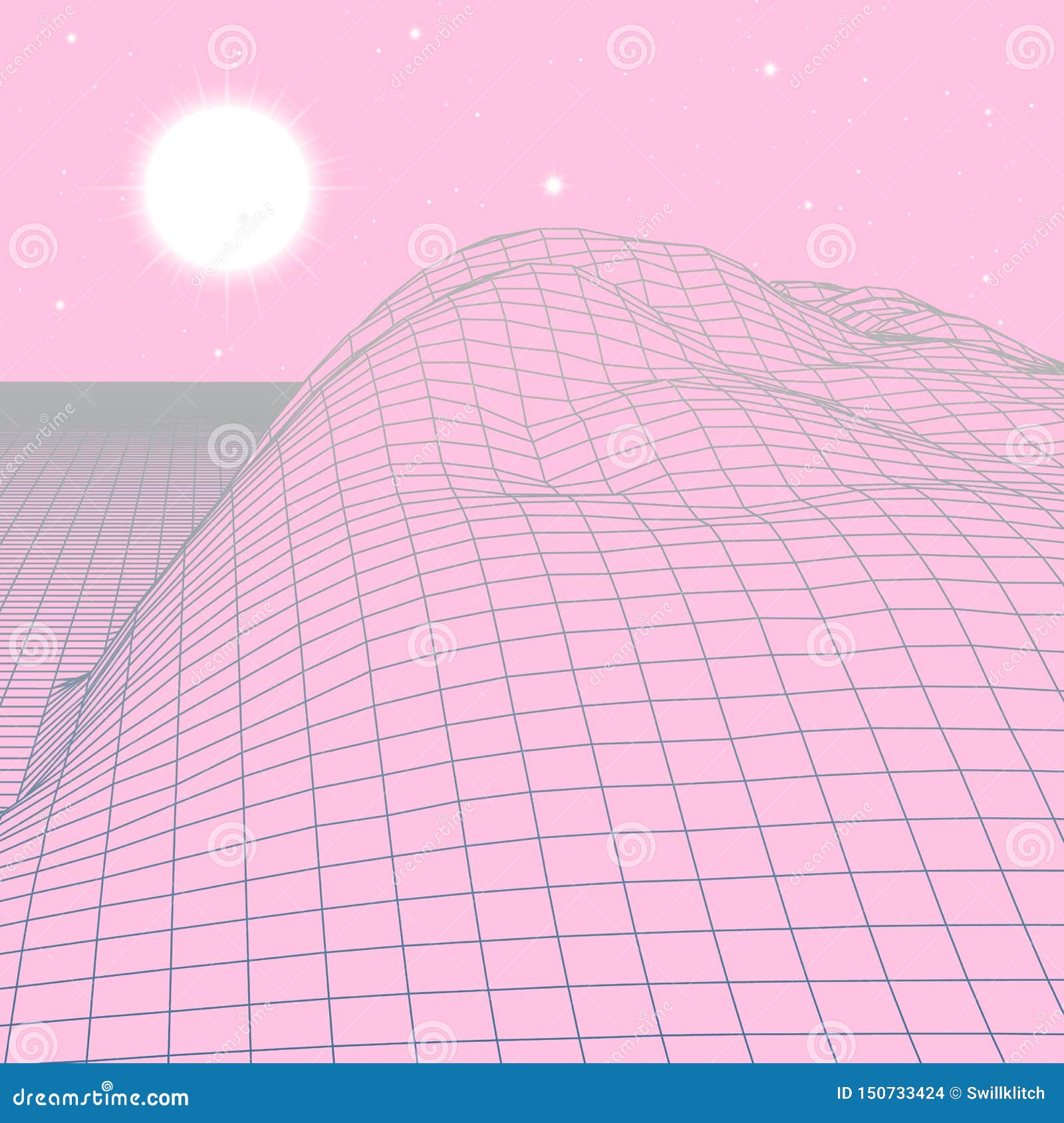 Landscape with Wireframe Grid of 80s Styled Retro Computer Game or ...